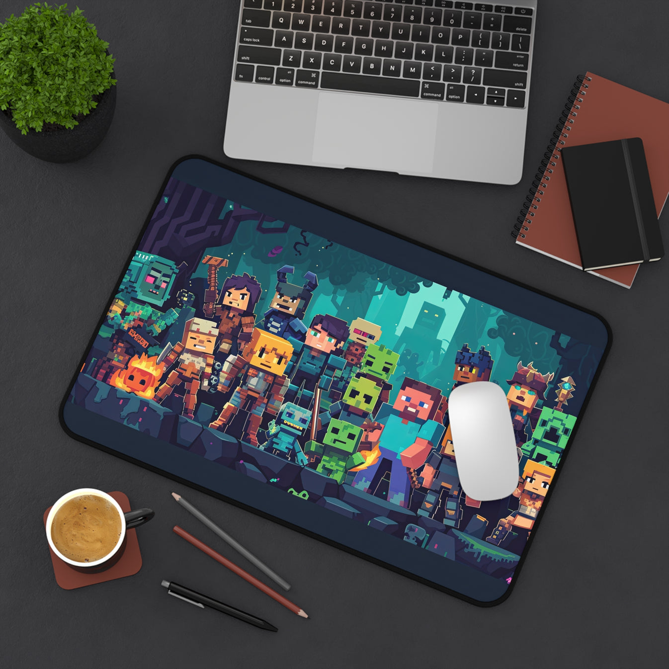 Minecraft Themed Characters at a Campfire Party Desk Mat Extended Gami ...